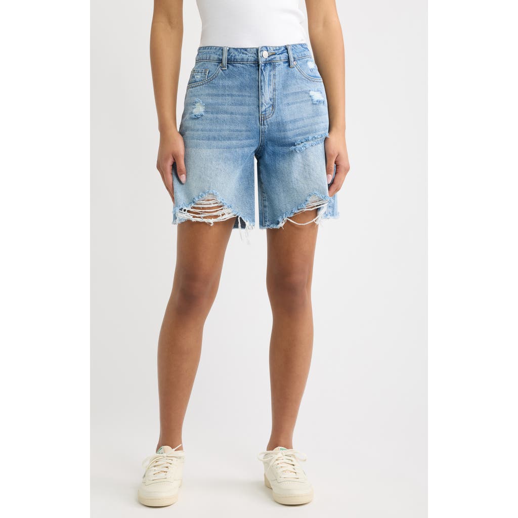 TRACTR Distressed High Waist Raw Hem Denim Shorts